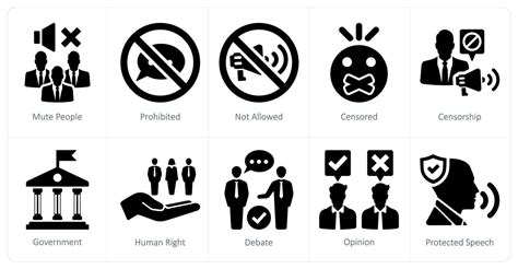 A Set Of 10 Freedom Of Speech Icons As Mute People Prohibited Not