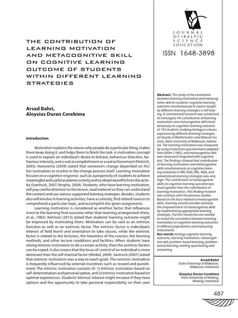 The Contribution Of Learning Motivation And Metacognitive Skill On Cognitive Learning Outcome Of