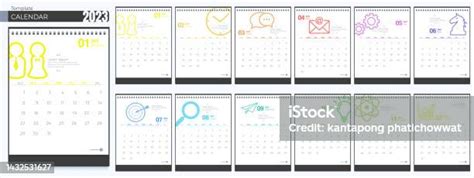 일정 2023 템플릿 12 개월 간단한 월간 수직 달력 기업 디자인 영어로 레이아웃 주간은 일요일부터 시작됩니다 3d 벡터 고립 된 일러스트 레이 션 디자인 만화 파스텔