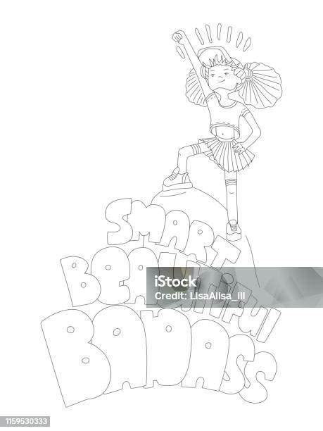 귀여운 손 은 용감한 여자와 색칠 페이지를 그립니다 페이지를 색칠하기위한 페미니스트 선 아트 벡터 일러스트레이션 스마트 아름다운 Badass 단어와 승자 자세와 작은 십대