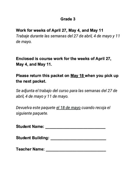 Fillable Online Grade 3 Work For Weeks Of April 27 May 4 And May 11