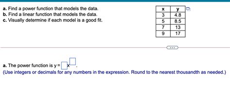 solved х a find a power function that models the data b