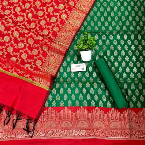 Green And Red Frozen Tree Satin Silk Banarasi Suit Mohsin Textiles