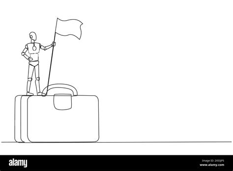 Continuous One Line Drawing Of Robotic Artificial Intelligence Standing On Giant Briefcase