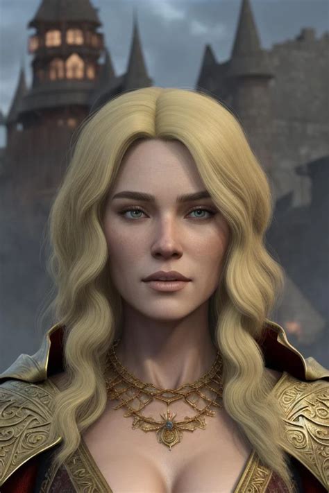 A Woman With Blonde Hair And A Necklace In Front Of A Castle Seaart Ai