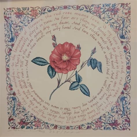 Art Susan Loy Signed And Numbered Print Literary Calligraphy Red Rose
