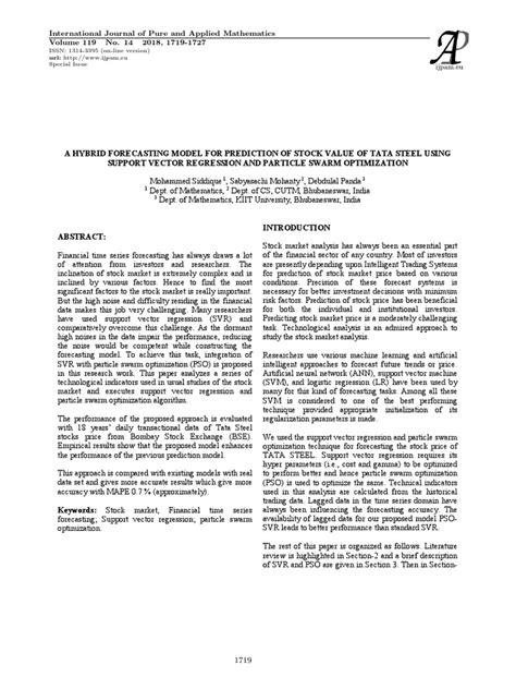 Hybrid Forecasting Model Using Svr And Pso Predicts Tata Steel Stock