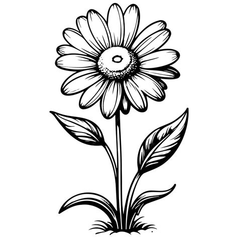 Monochrome Cartoon Daisy Engraving Drawing Of Black Silhouette