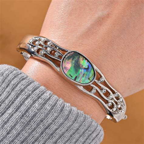 Designer Inspired Abalone Shell White Crystal Wave Bangle Size 7 5 In Silvertone 7811848 Tjc
