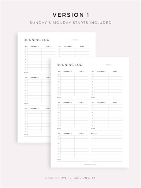 Monthly Running Log Printable Template Running Journal Cardio Training Log Running Tracker