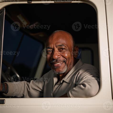 Closeup Portrait Of An Aging African American Trucker Smiling Warmly