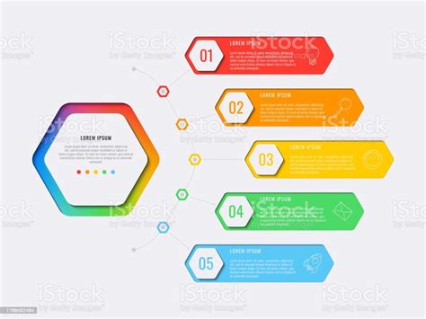 육각 형 요소와 간단한 다섯 단계 디자인 레이아웃 인포 그래픽 템플릿 배너 포스터 브로셔 연례 보고서 및 마케팅 아이콘이있는