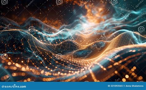 Abstract Digital Landscape With Flowing Wave Like Structures And Glowing Particles Stock Image