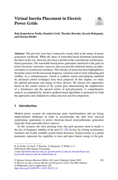 PDF Virtual Inertia Placement In Electric Power Grids