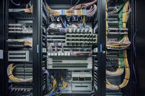 Rack Housing Server Data Storage Hardware In A Data Center The Equipment Is Connected By A Lot