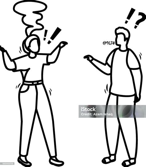 말다툼하는 남자와 여자 벡터 개요 아이콘 디자인 기분과 느낌 기호 감정적인 캐릭터 기호 사회 문제 장면 스톡 일러스트레이션 화난