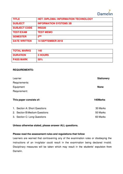 Information Systems 3B Test Memo TITLE HET DIPLOMA INFORMATION TECHNOLOGY SUBJECT
