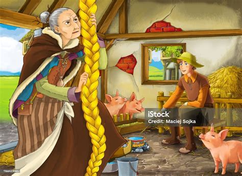 헛간 돼지에서 늙은 여자 마녀 또는 마법사와 농부 목장만화 장면 건초 식물에 대한 스톡 벡터 아트 및 기타 이미지 건초 식물 건초더미 건축 Istock