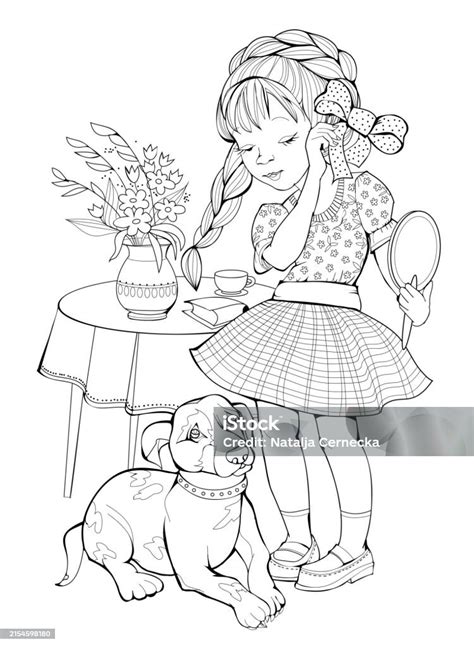 어린이와 성인을 위한 색칠 공부 거울에 비친 자신의 모습에 감탄하는 강아지와 함께 있는 작고 귀여운 소녀의 그림입니다 그림