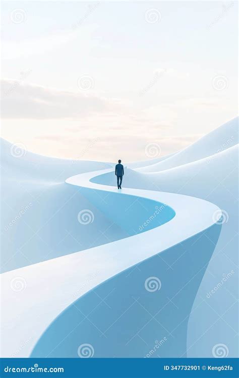 Man Walks Along Winding Blue Path In Serene Landscape Stock