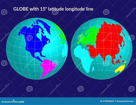 Globe With Continent Color And 15 Degree Latitude Longitude Line