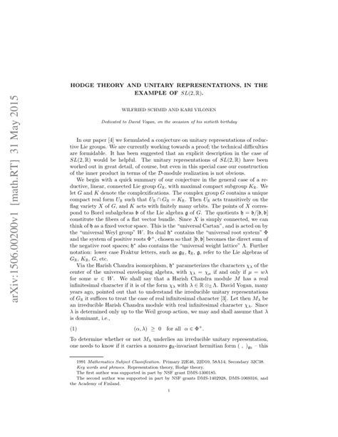 Pdf Hodge Theory And Unitary Representations In The Example Of Mathrm Sl 2mathbb R