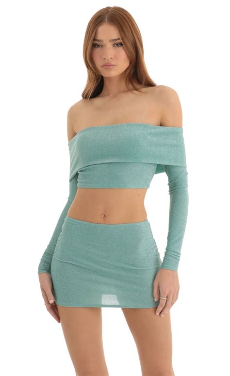 Sama Metallic Knit Two Piece Skirt Set In Turquoise Lucy In The Sky