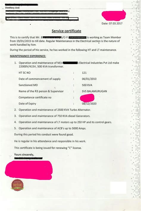 Electrical C License Experience Certificate Format Electrical U