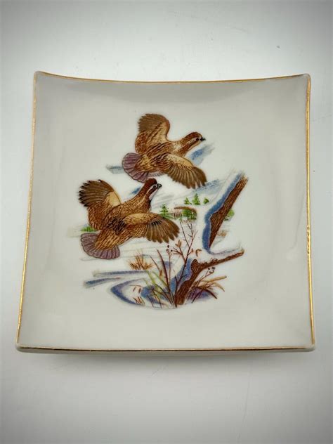Vintage Japanese Miniature Square Plate Winter Quail Birds Scene With
