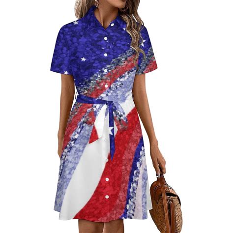American Flag Blue Red White Womens Shirt Dresses Womens Short Sleeve