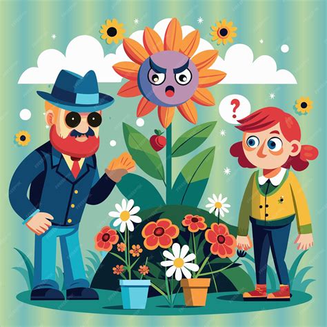 Premium Vector A Cartoon Man And A Woman In A Garden With Flowers And