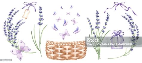 수채화 세트 라벤더 꽃 고리 버들 바구니 허브 가방 나비 고립 된 손으로 그린 그림 프로방스 꽃다발입니다 빈티지 꽃 허브 템플릿에 대 한 카드 식기 섬유 자수 가방에 대한