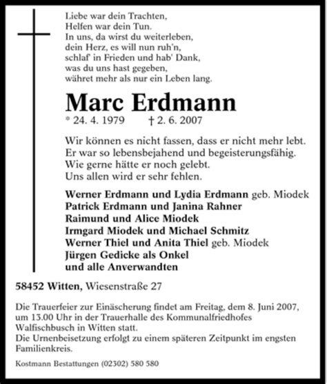 Traueranzeigen Von Marc Erdmann Trauer In Nrw De