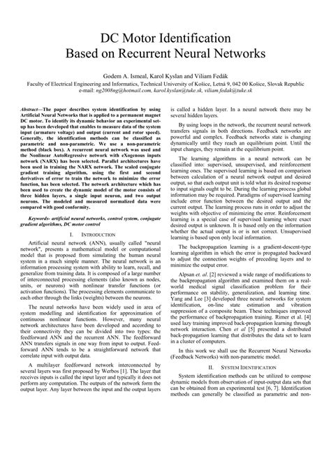 Pdf Dc Motor Identification Based On Recurrent Neural Networks