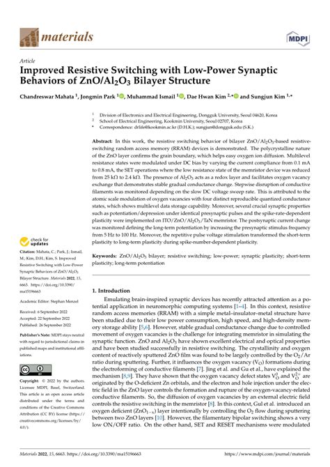 Pdf Improved Resistive Switching With Low Power Synaptic Behaviors Of Znoal2o3 Bilayer Structure