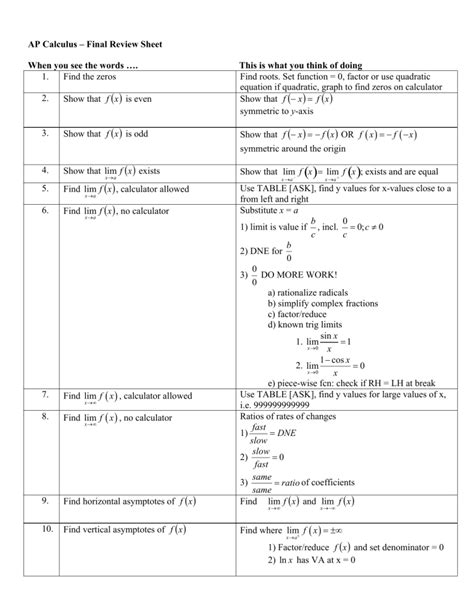 Ap Calculus Final Review Sheet