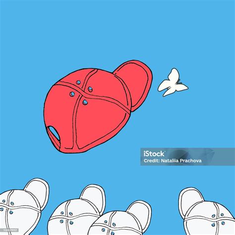 손으로 그린 된 스케치 그림 나비와 함께 파란색 배경에 빨간 야구 패션 모자 계절에 대한 스톡 벡터 아트 및 기타 이미지