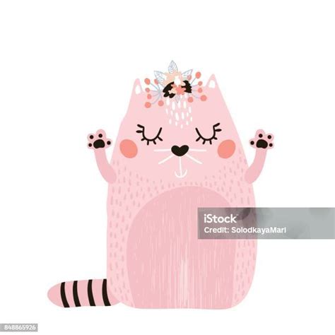 흰색 절연 꽃 화 환으로 귀여운 고양이 소녀 의류 보육 카드 포스터에 대 한 유치 한 인쇄 벡터 일러스트 레이 션 네일아트에