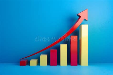 3d Bar Chart With Red Arrow Pointing Up On Blue Background Showing