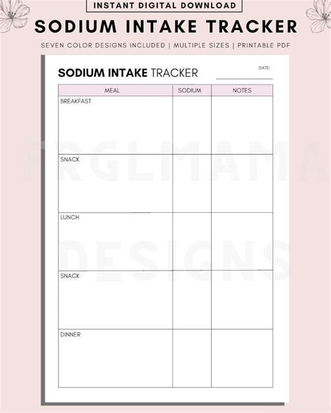 Printable Daily Sodium Intake Tracker Sodium Intake Log Daily Food Diary Printable Meal