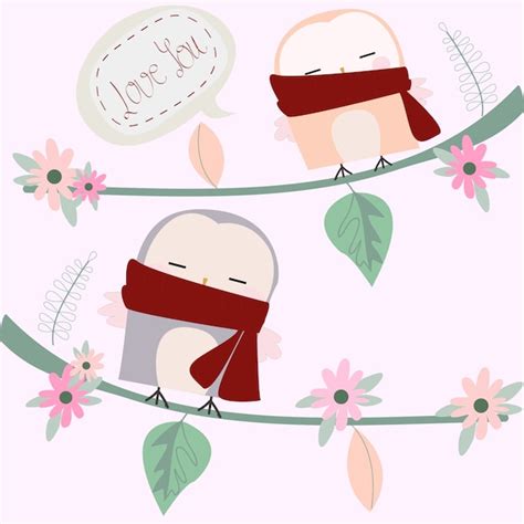 나뭇 가지에 귀여운 만화 아기 올빼미 새 부부 프리미엄 벡터