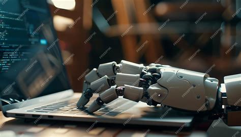 premium photo robot hand typing complex code on laptop keyboard in