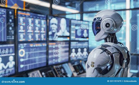Futuristic Ai Robot Analyzing Data On Multiple Screens In High Tech Control Room Stock Image