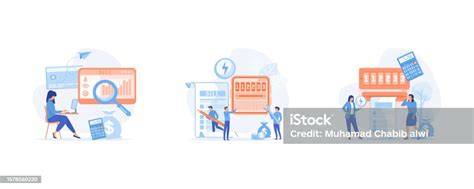 온라인으로 공과금 확인 및 지불 기술자 수리 계량기 설치 송장 및 전기 계량기 플랫 벡터 현대 일러스트레이션 설정 가정 생활에 대한 스톡 벡터 아트 및 기타 이미지 Istock