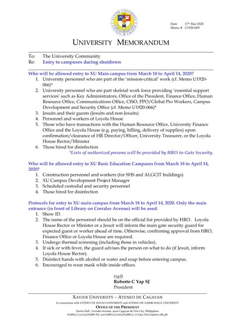 Xavier University Memo U Entry To Campuses During Shutdown