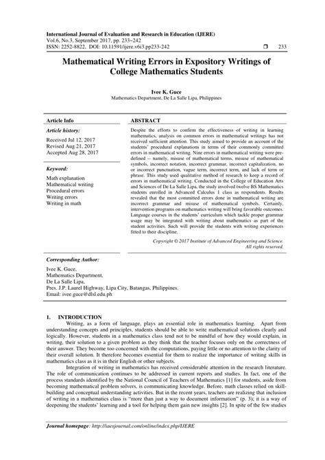 Pdf Mathematical Writing Errors In Expository Writings Of College