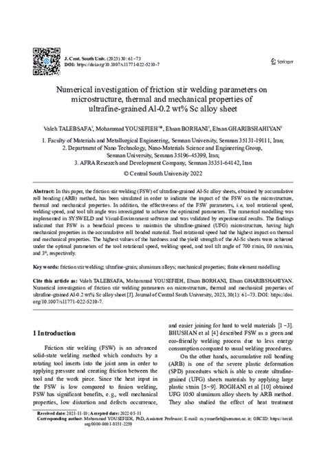 Pdf Numerical Investigation Of Friction Stir Welding Parameters On