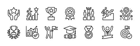 성공 가는 선 아이콘 세트입니다 성공적인 비즈니스 경력 개발 성취 승자 보상 트로피 대상 목표 승리 차트 성장 메달 챔피언 졸업을 포함합니다 벡터 일러스트 레이 션