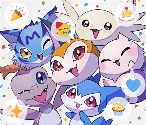 Safebooru 6others Blue Eyes Blush Chibimon Closed Eyes Digimon