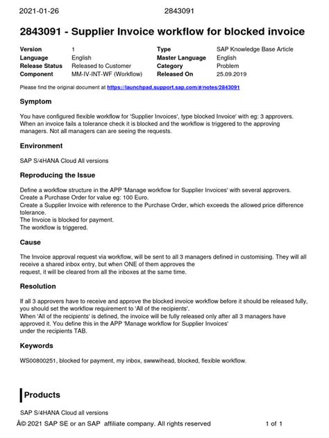 Oss Note 2843091 Supplier Invoice Workflow For Blocked Invoice Pdf